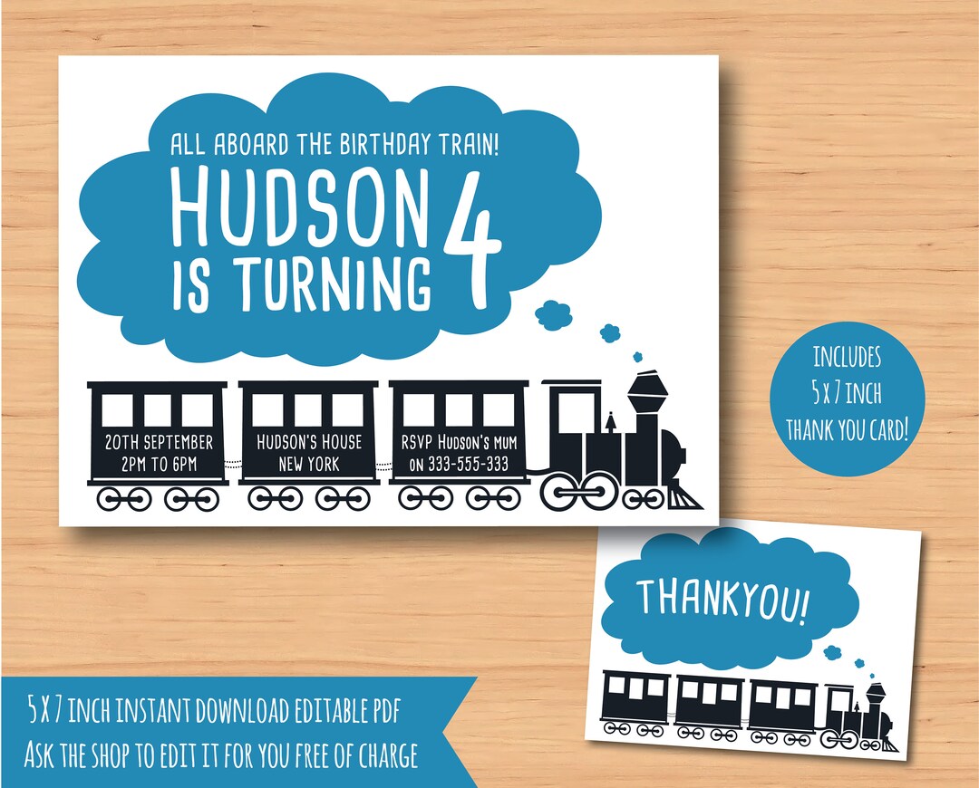 Steam Train Birthday Invitation-x 4 SELF EDITABLE PDF -5 X 7inch ...