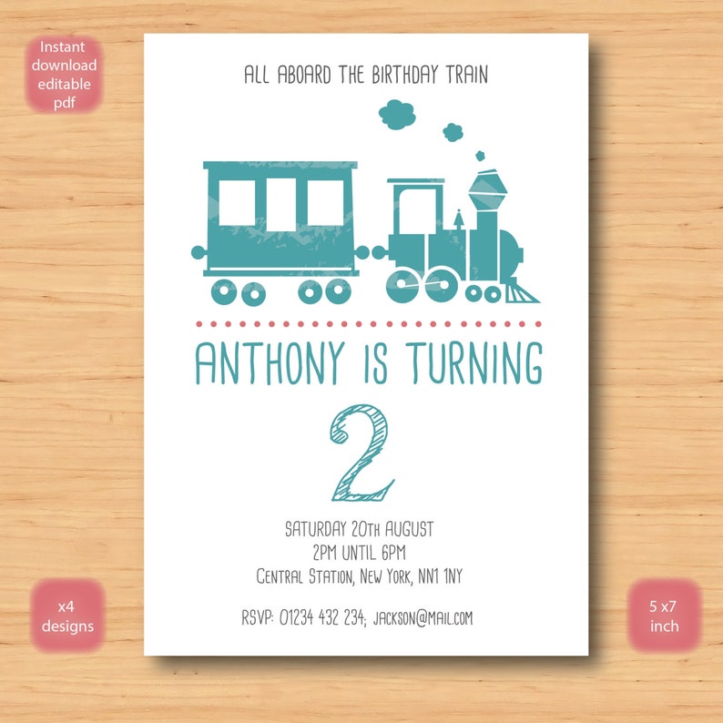 Steam Train Birthday Invitation-x 4 SELF EDITABLE PDF 5 X | Etsy