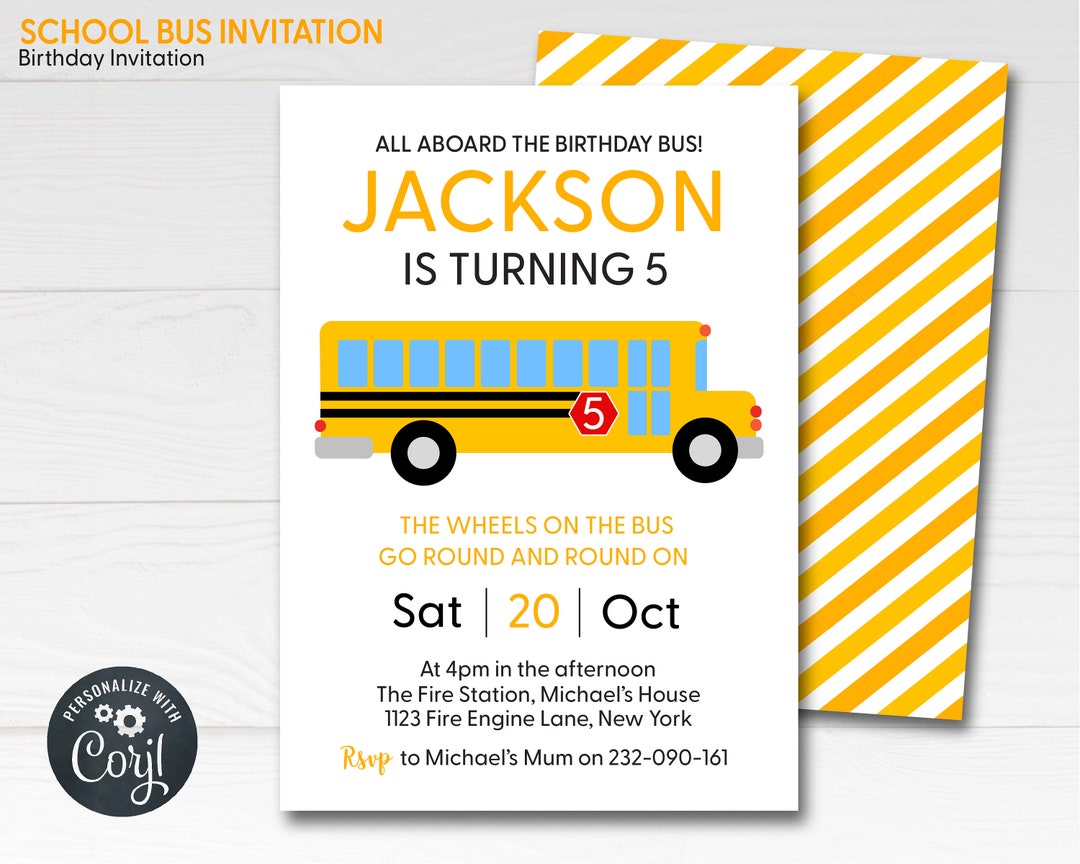 School Bus Party Invite, School Bus Birthday Invitation, Children's Bus ...
