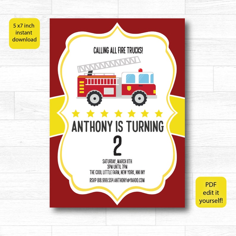 Fire Engine Birthday Invitation-self EDITABLE PDF 5 X 7inch - Etsy