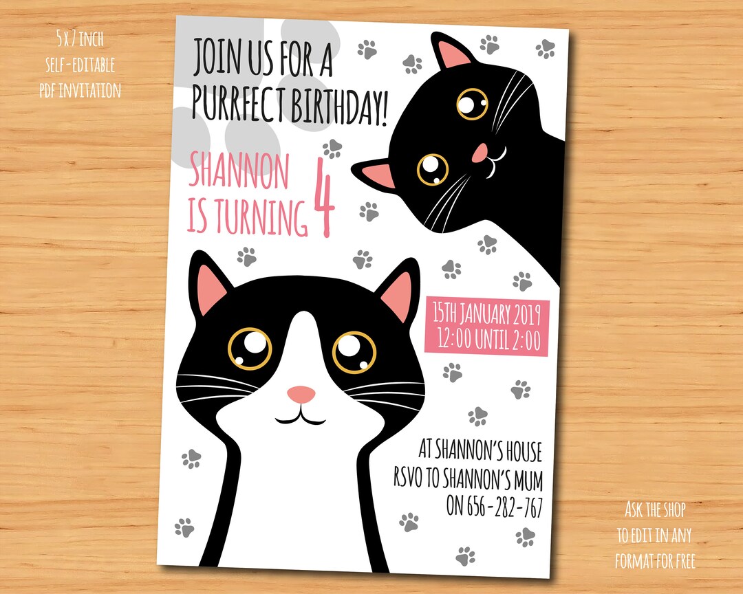 Cat Birthday Party Invitation, Kitten Invitation, Cat Birthday, 5x7 ...