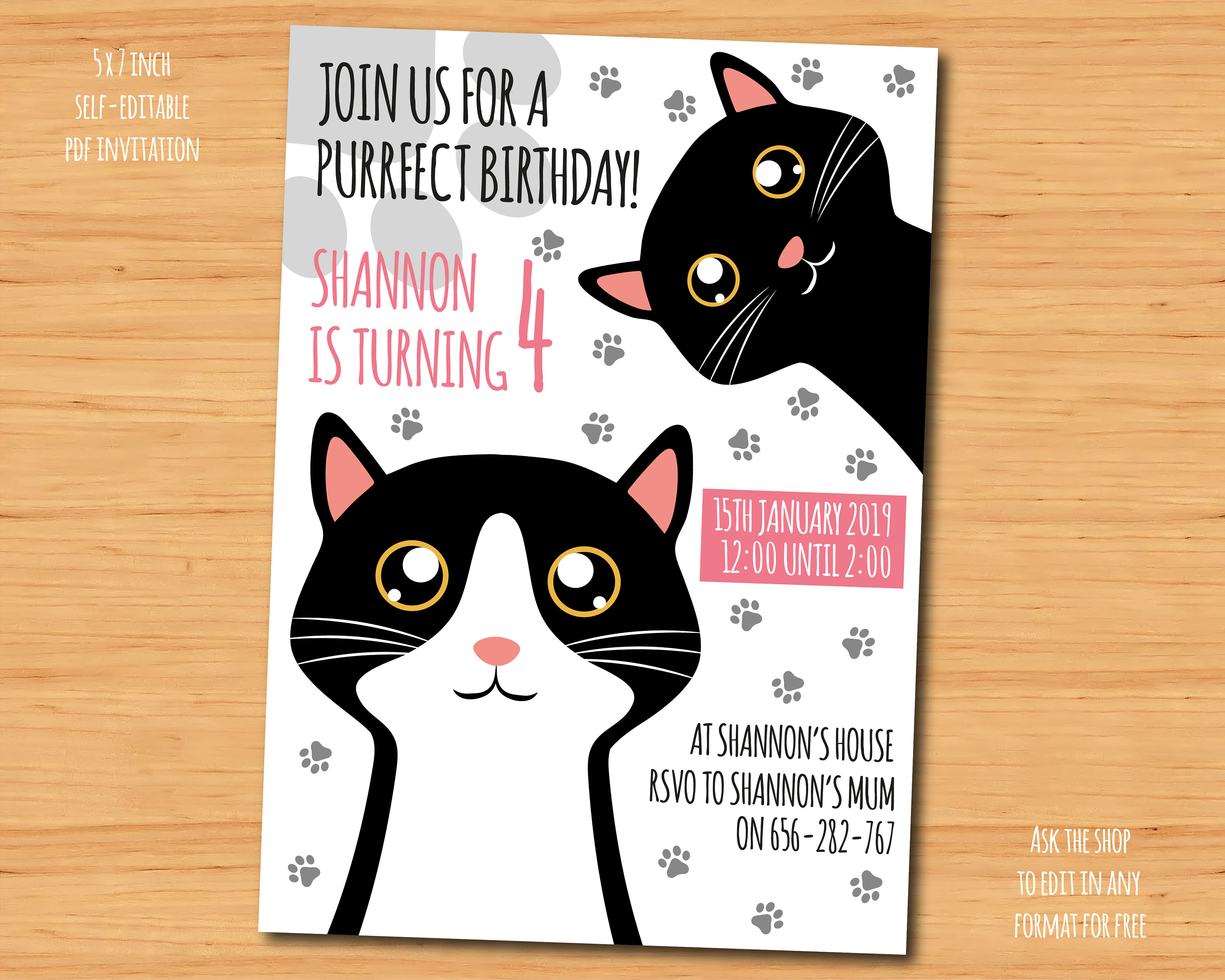 Cat Birthday Party Invitation Kitten Invitation Cat | Etsy