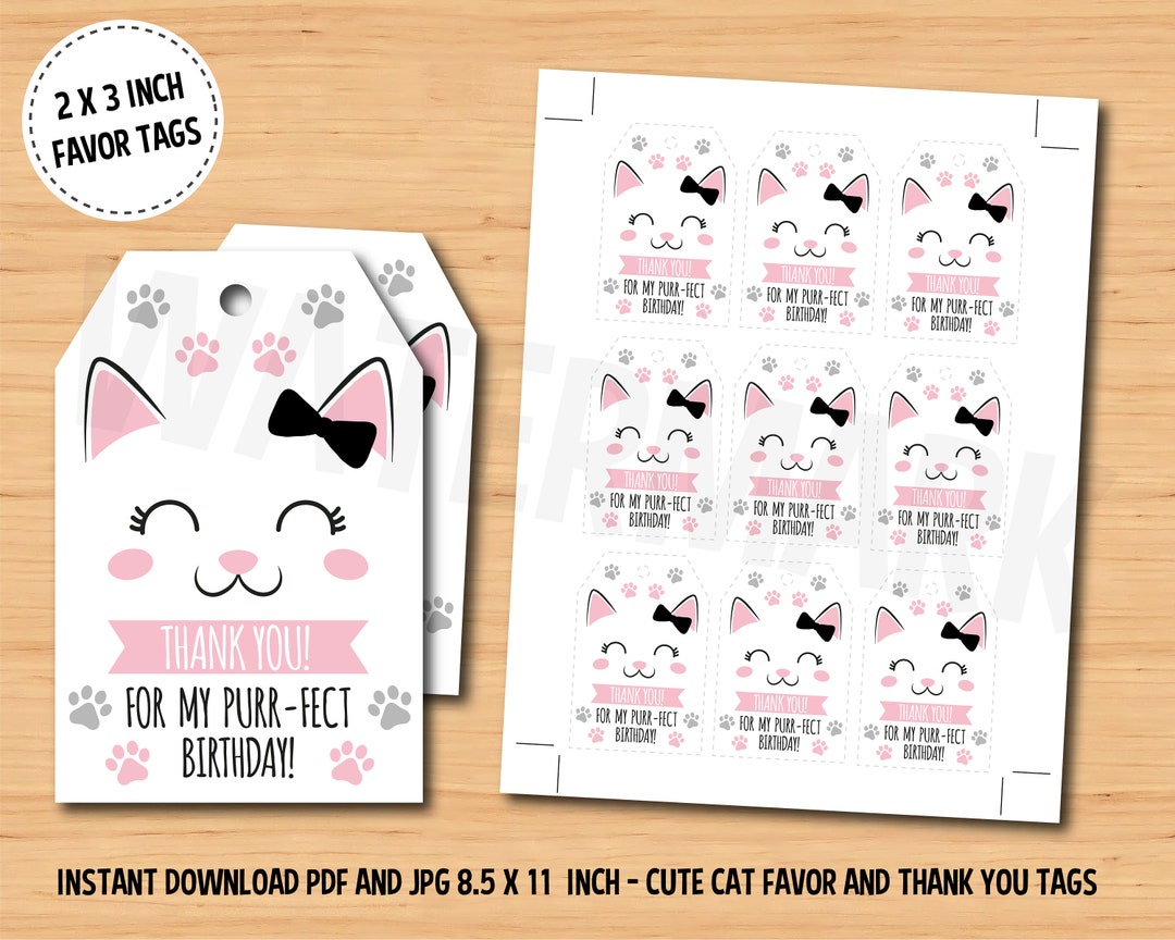 Cute Cat Favor Tags INSTANT DOWNLOAD, Cats Thank You Tags, Kitten Tags ...