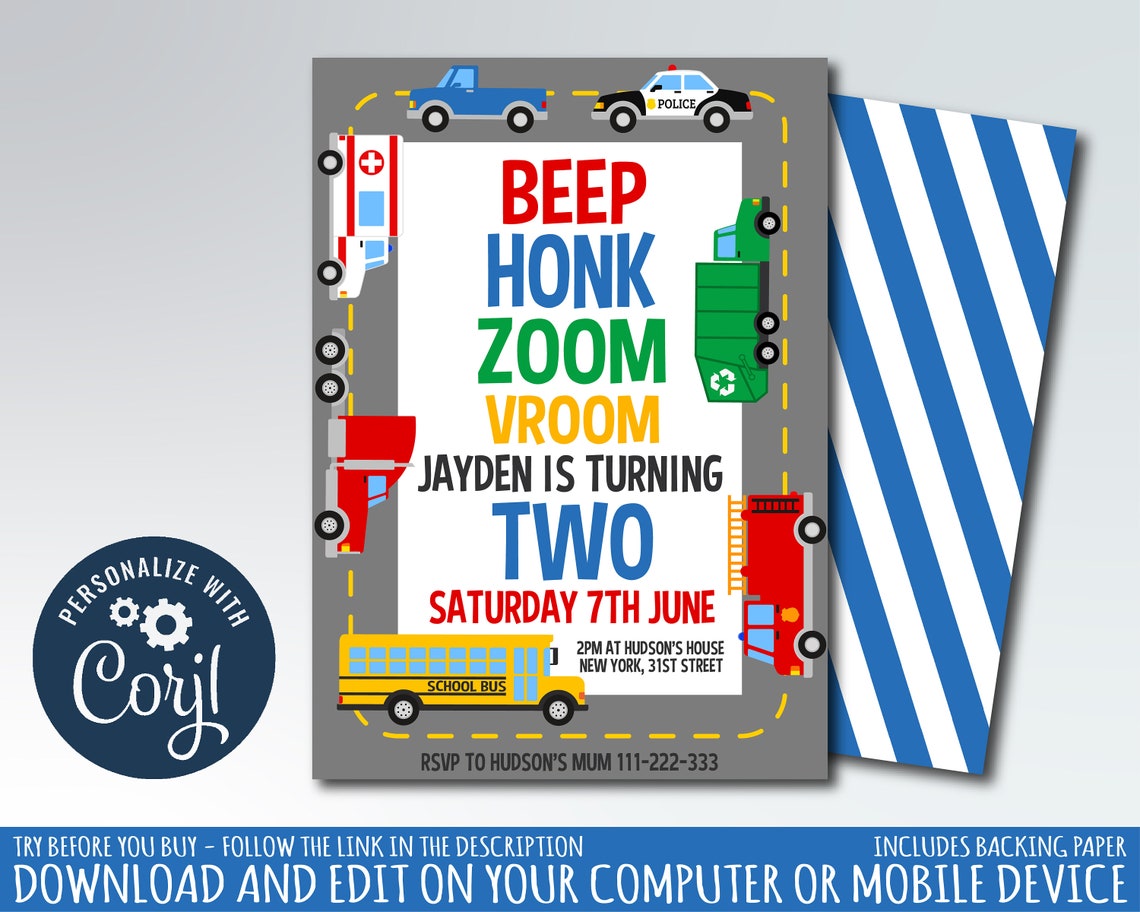 Transportation Birthday Party Invitation, Vehicles Party Invite, Roads ...