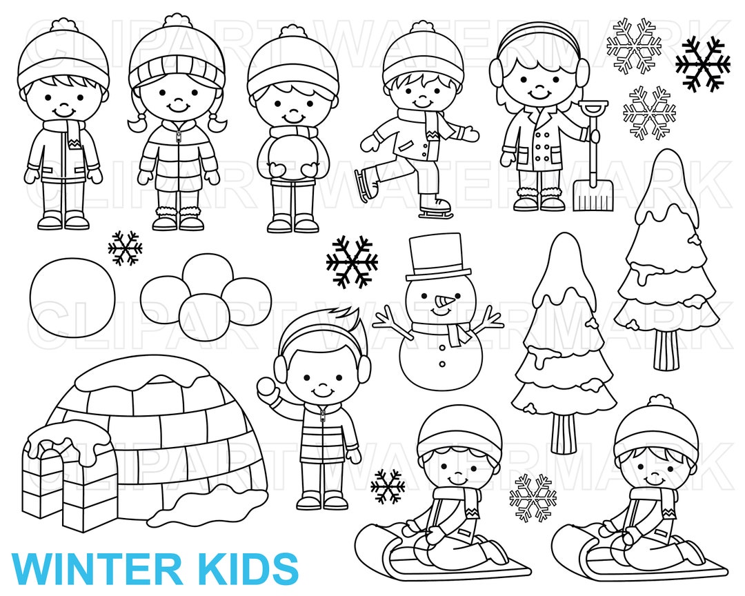 Winter Clipart Digital Stamp, Winter Kids Clipart Black and White ...