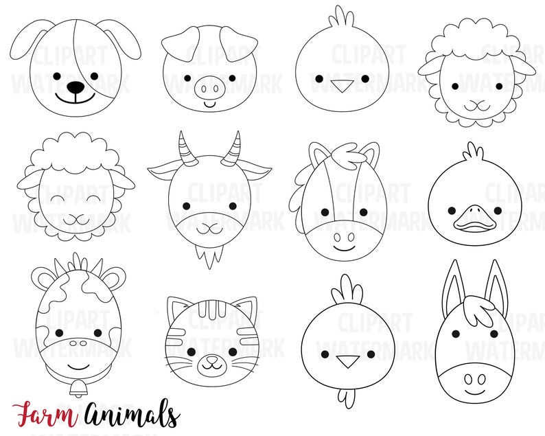 Farm Animal Faces Clipart, Safari Animals, Cats, Dogs, Sheep, Lamb ...