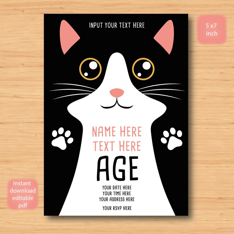 Cat Birthday Party Invitation Kitten Invitation Cat - Etsy UK