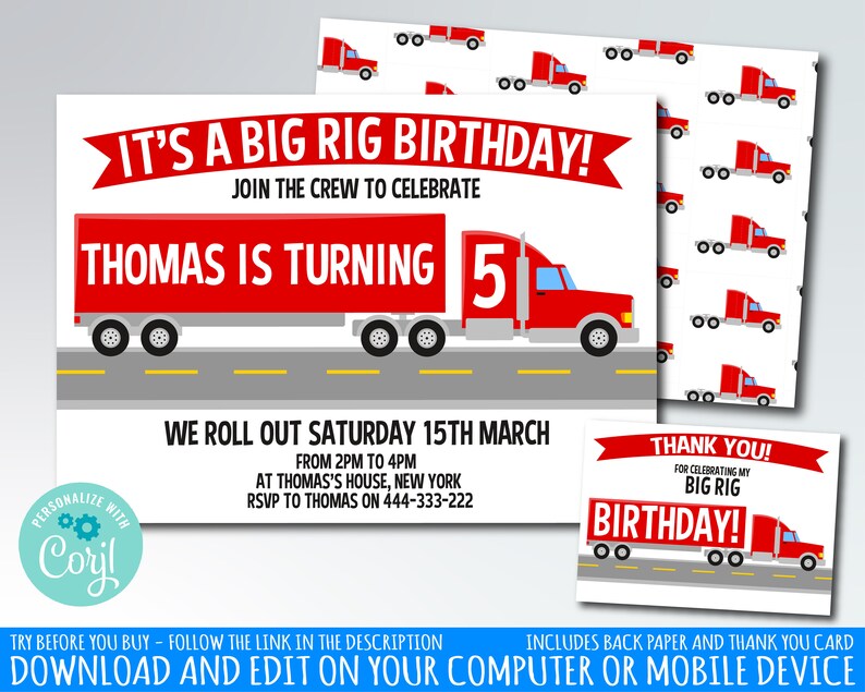 Big Rig Truck Birthday Party Invitation Construction Vehicle | Etsy