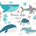 Ocean Life Clipart, Shark, Whale, Jellyfish, Dolphin, Sea Horse, Star ...