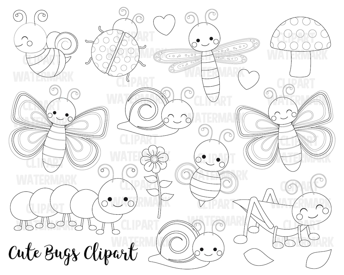 Cute Crawling Bugs Clipart Cute Insects Grasshopper Snail - Etsy
