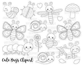 Cute Crawling Bugs Clipart Cute Insects Grasshopper Snail | Etsy