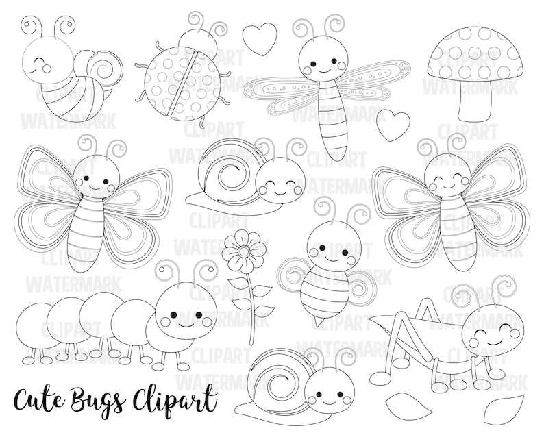 Cute Crawling Bugs Clipart, Cute Insects, Grasshopper, Snail, Ladybird ...