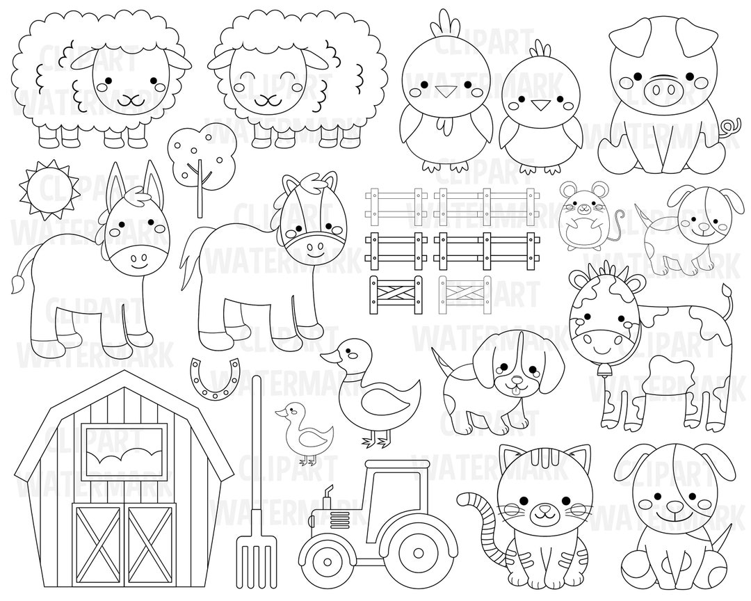Farm Animals Clipart, Digital Stamps, Cow, Horse, Chicken, Duck, Dog ...