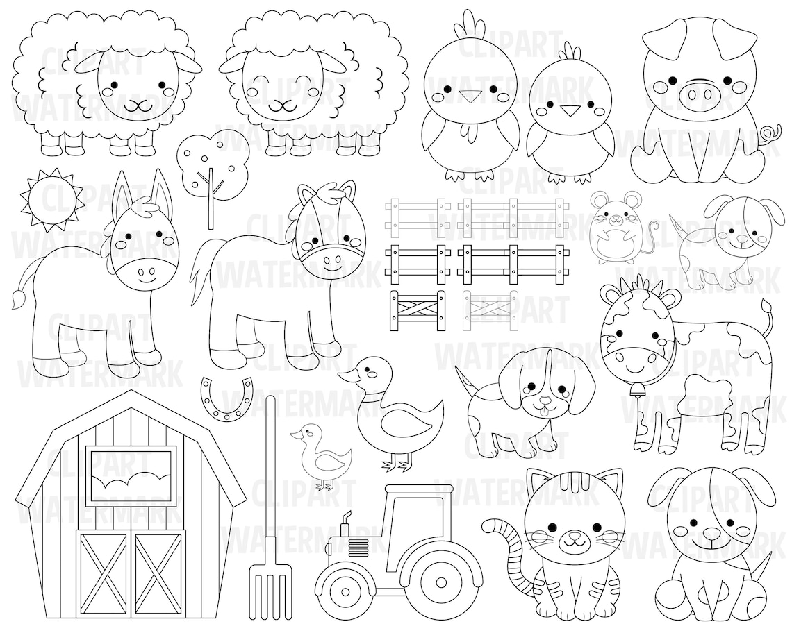 Farm Animals Clipart, Digital Stamps, Cow, Horse, Chicken, Duck, Dog ...