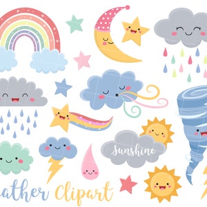 Weather Clipart Cute Weather Clip Art Storm Clouds Sun - Etsy UK