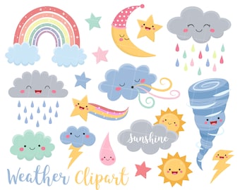 Cute Weather Clipart. Rainbow, Clouds, Sun, Star, Lightning Png Clip ...