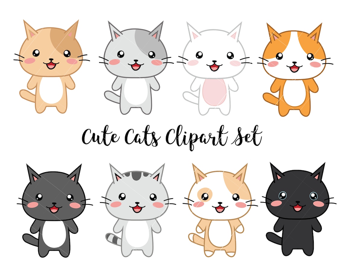 Vector Clipart Kawaii Cats Cute Cats Clipart Set High - Etsy