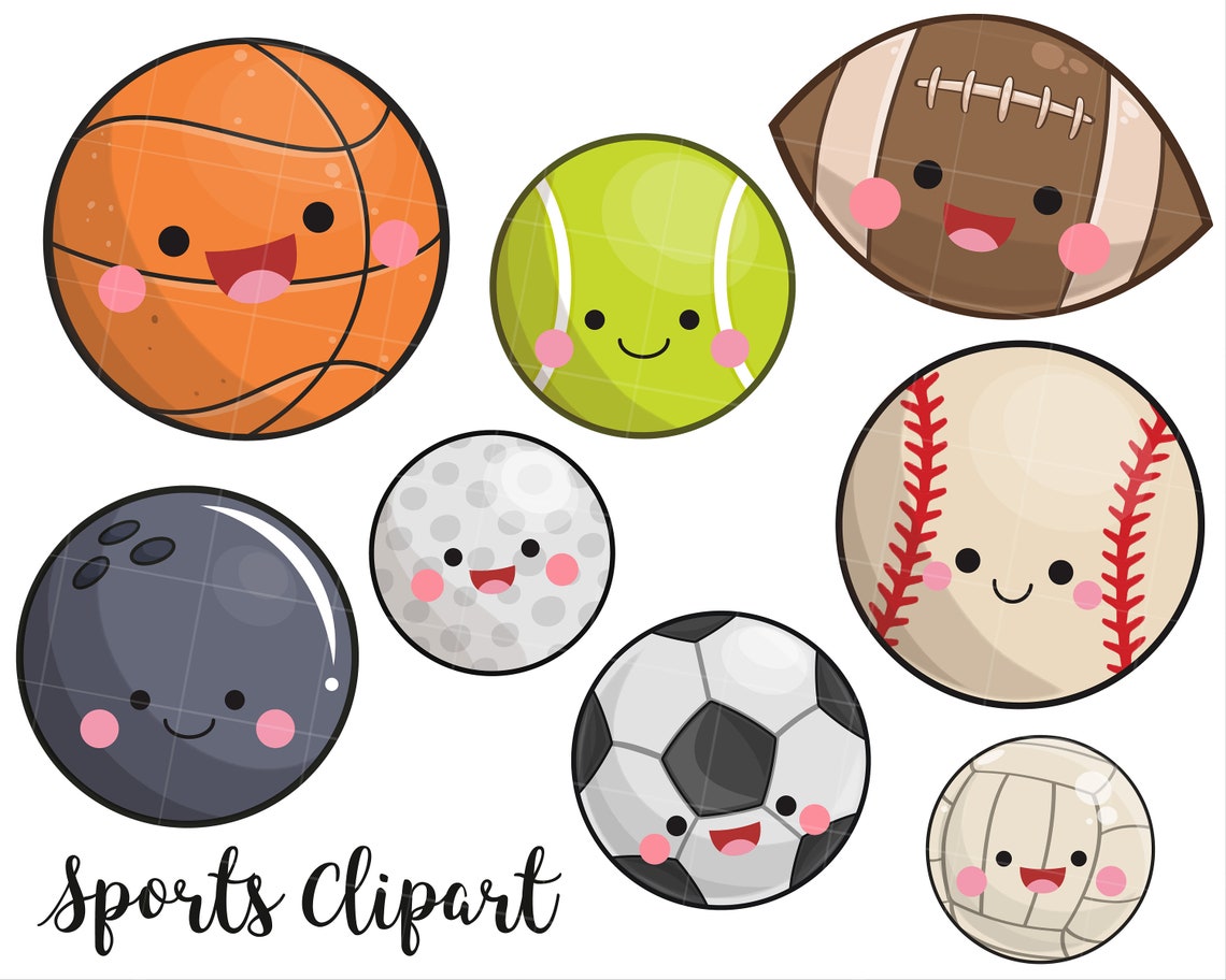 Kawaii Sports Clipart, Baseball Clipart, Football, Baseball, Basketball ...