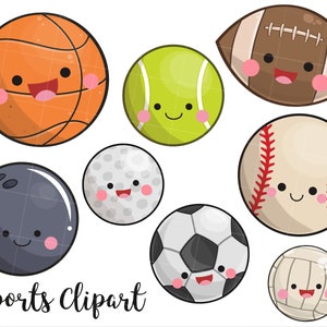 Kawaii Sports Clipart, Baseball Clipart, Football, Baseball, Basketball ...
