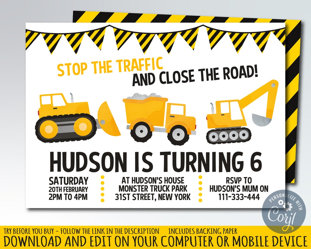 Construction Party Invite, Construction Vehicles Birthday Invitation ...