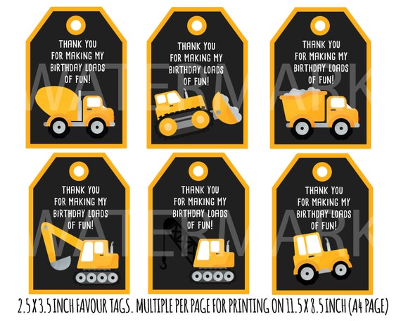 Construction Vehicle Birthday Favor Tags 3.5 X 2.5 Inch | Etsy