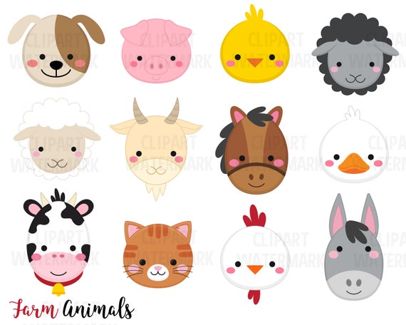 Farm Animal Faces Clipart Safari Animals Cats Dogs Sheep | Etsy Canada