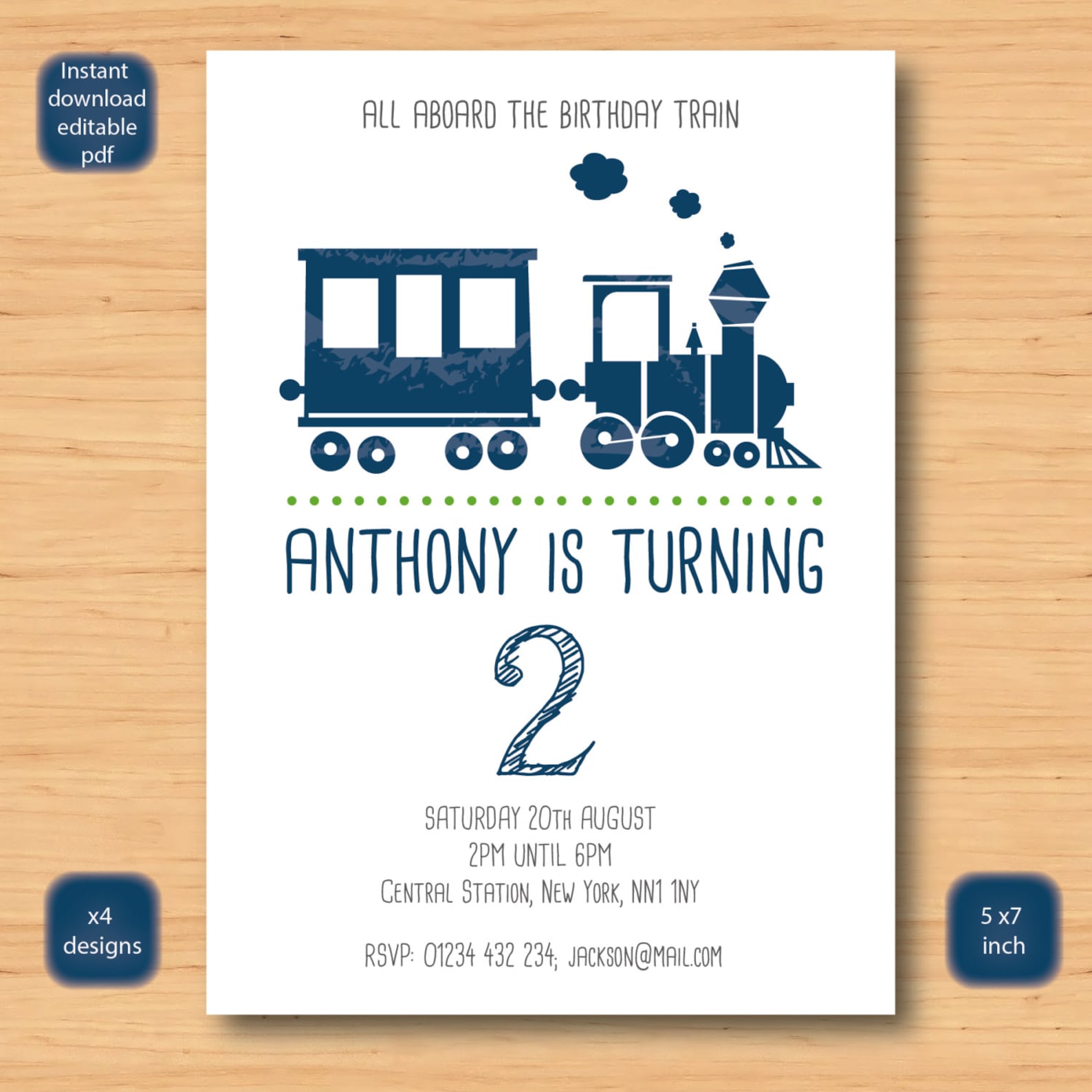 Steam Train Birthday Invitation-x 4 SELF EDITABLE PDF -5 X 7inch ...