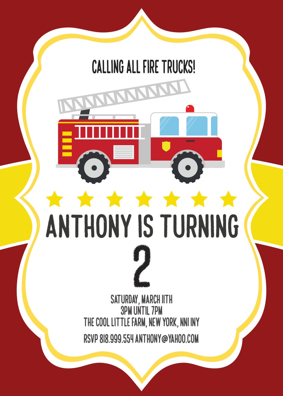 Fire Engine Birthday Invitation-self EDITABLE PDF 5 X 7inch | Etsy