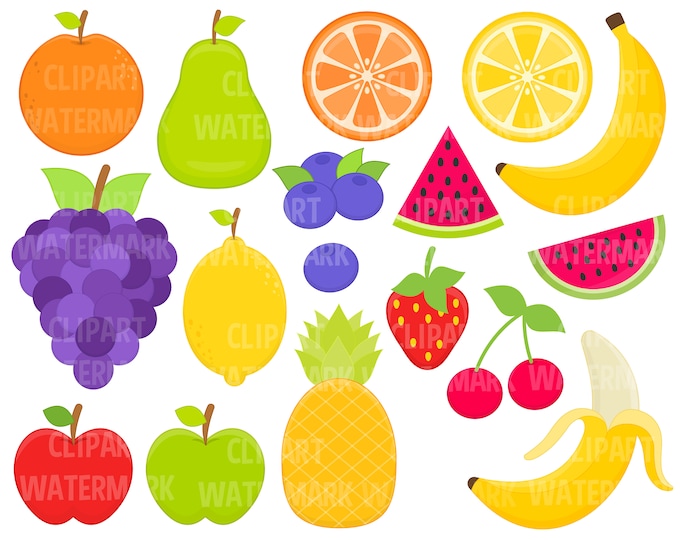 Fruits Clipart, Fruit Clip Art, Grape Banana Pineapple Apple Blueberry ...
