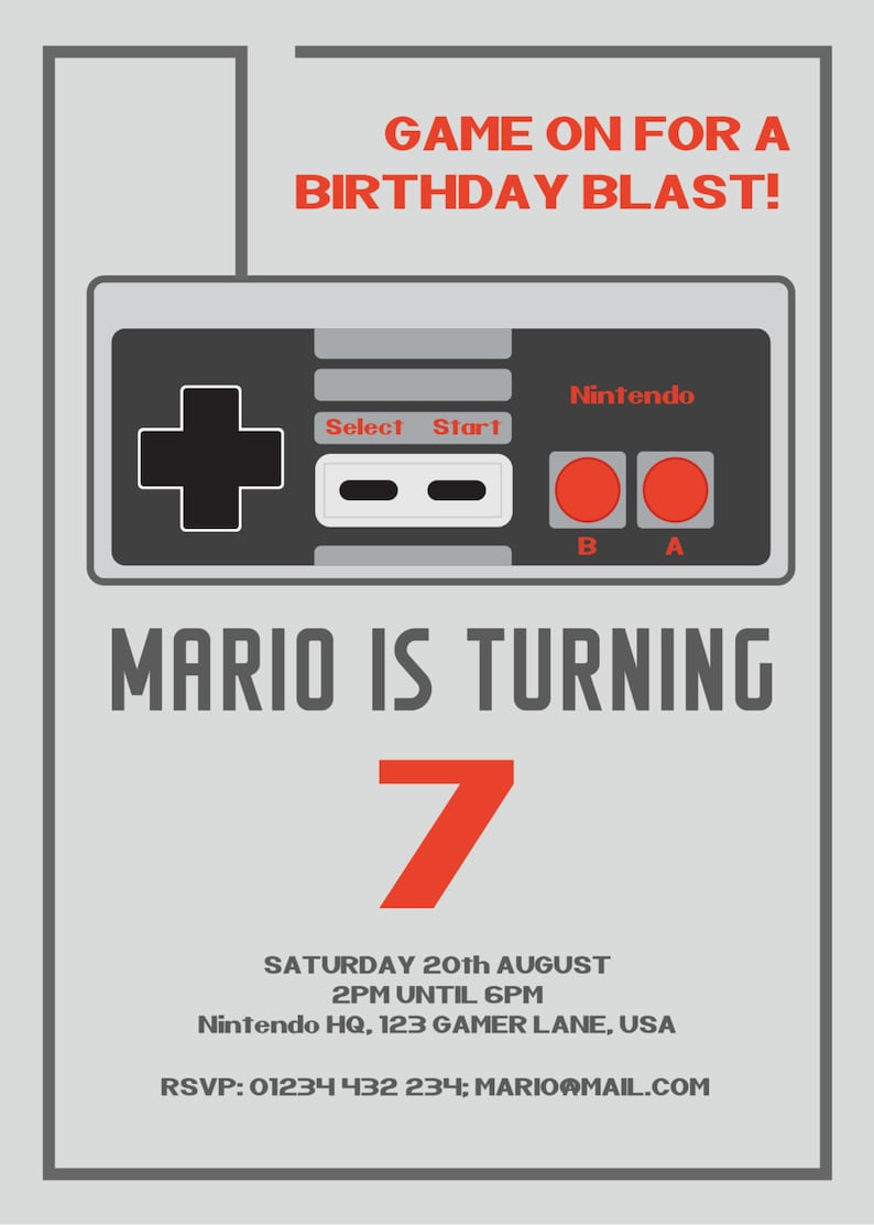 Nintendo Game Birthday Invitation Personalised - SELF EDITABLE PDF - 5 ...