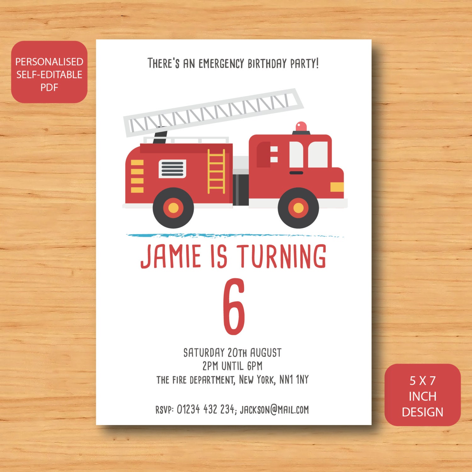 Instant Download 5x7 Inch Fire Engine Birthday Party Invitation, Fire ...