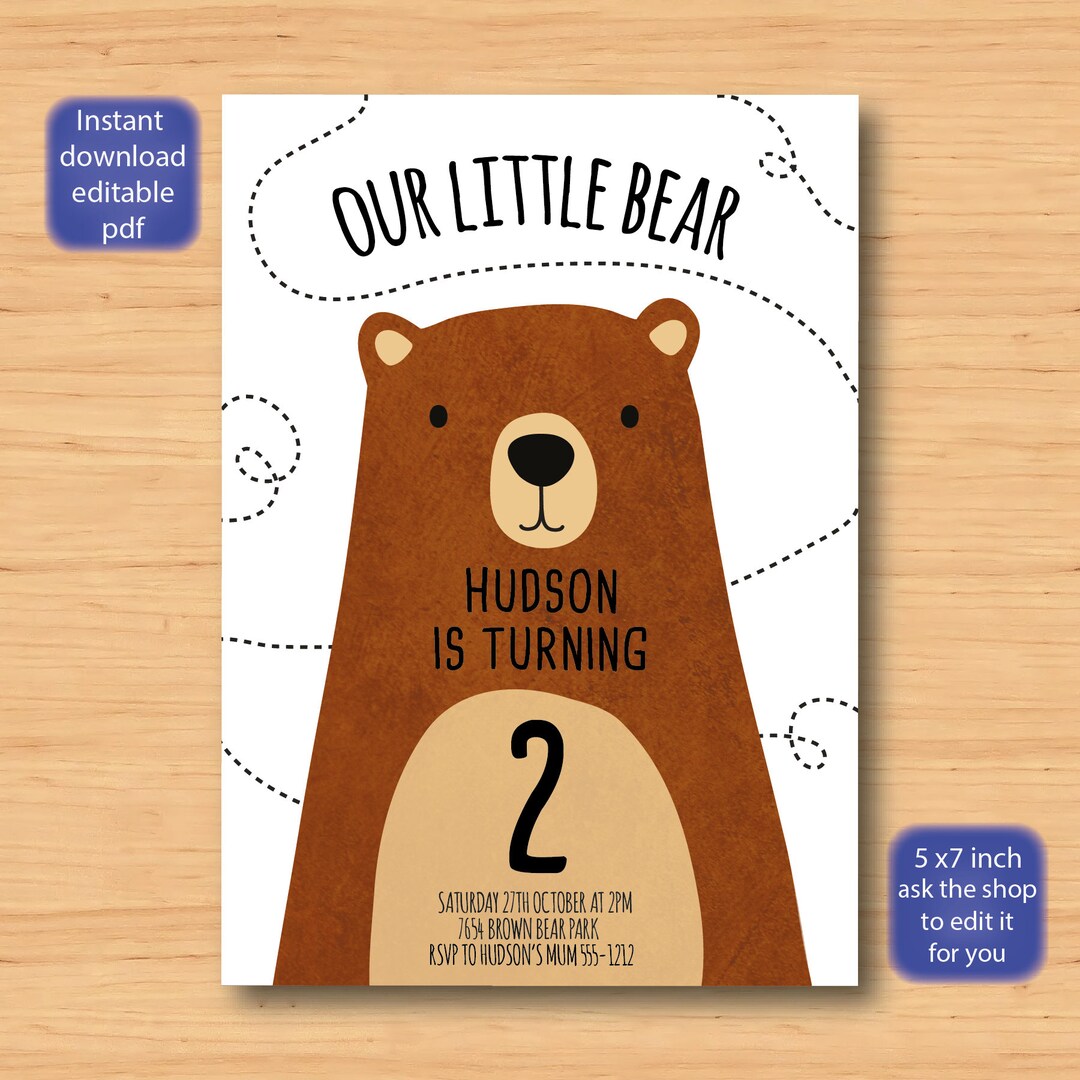 Bear Birthday Party Invitation, 5x7 Inch Instant Download Self Editable ...