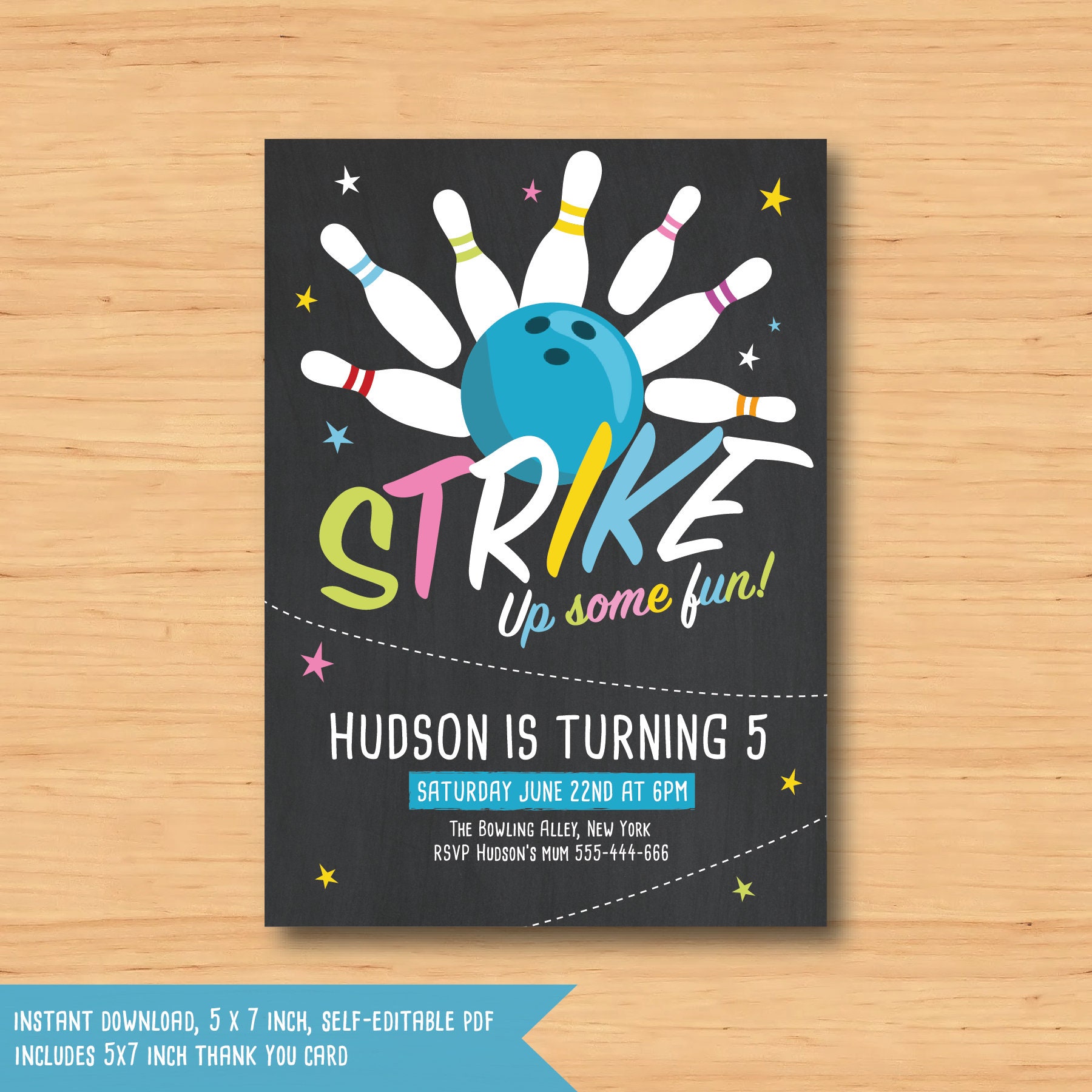 Bowling Birthday Invitation - SELF EDITABLE PDF - 5 X 7 Inch ...
