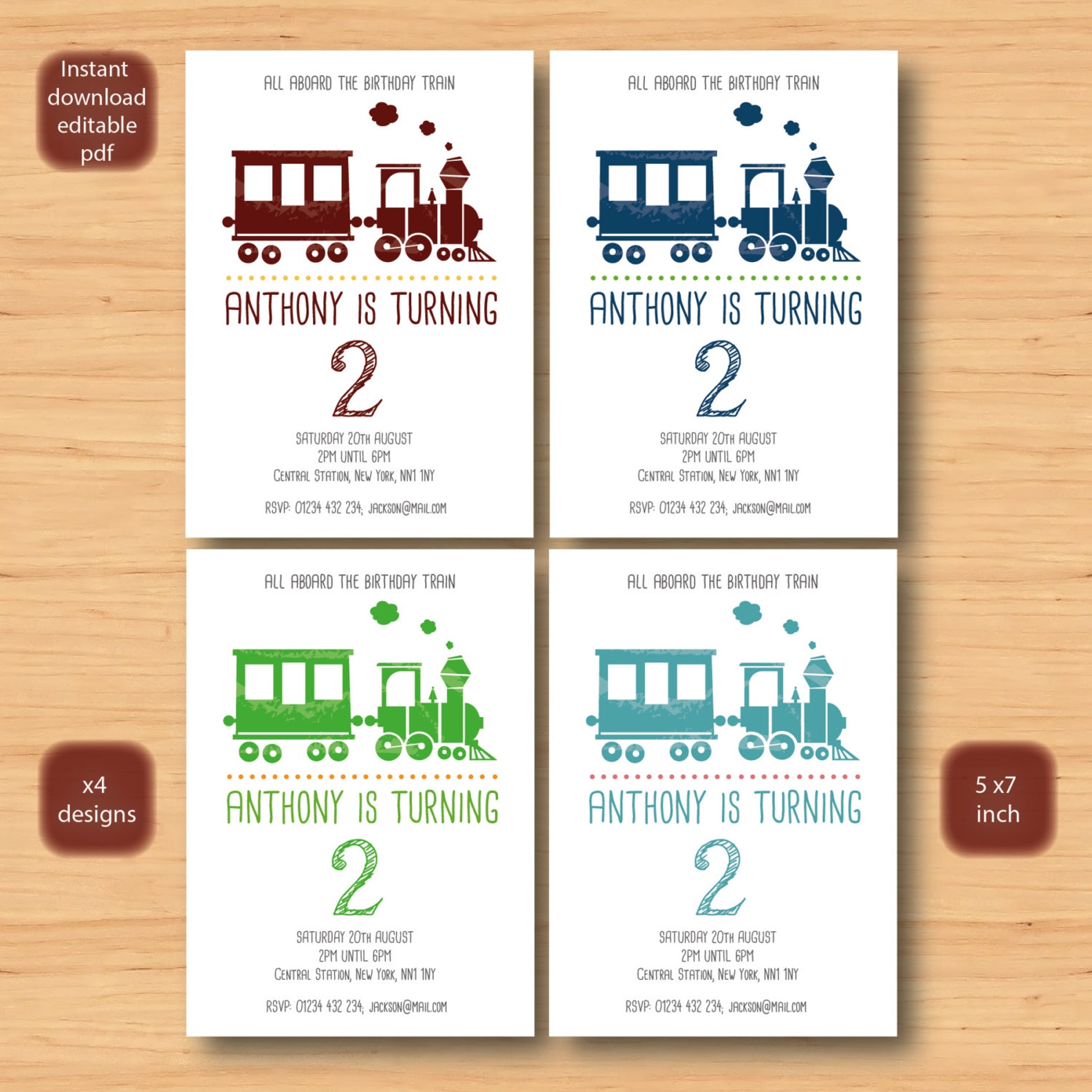 Steam Train Birthday Invitation-x 4 SELF EDITABLE PDF -5 X 7inch ...