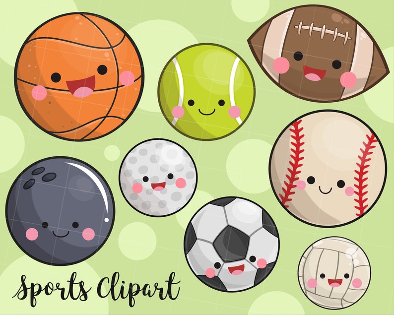 Kawaii Sports Clipart, Baseball Clipart, Football, Baseball, Basketball ...