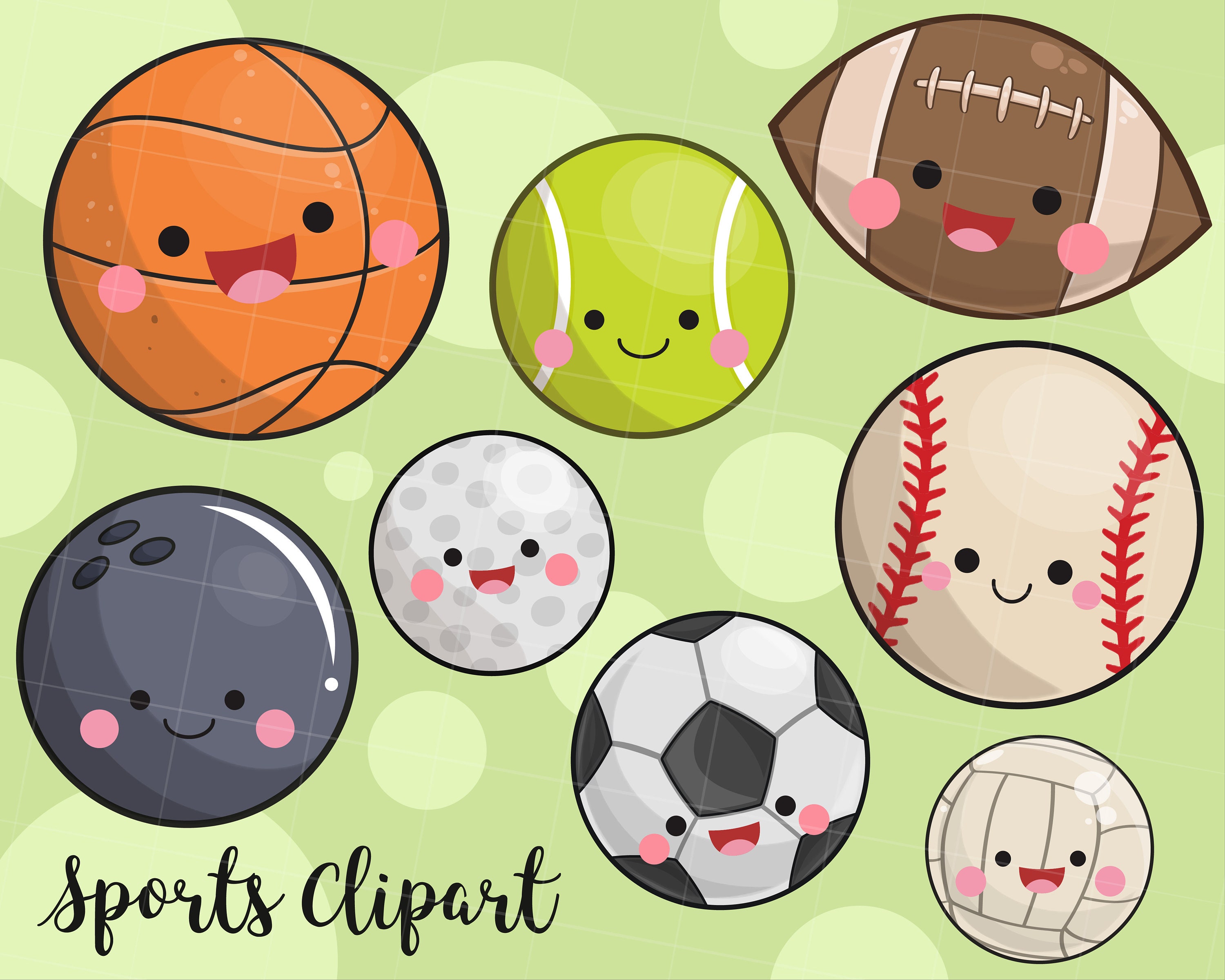 Kawaii Sports Clipart, clipart de béisbol, fútbol, béisbol, baloncesto ...