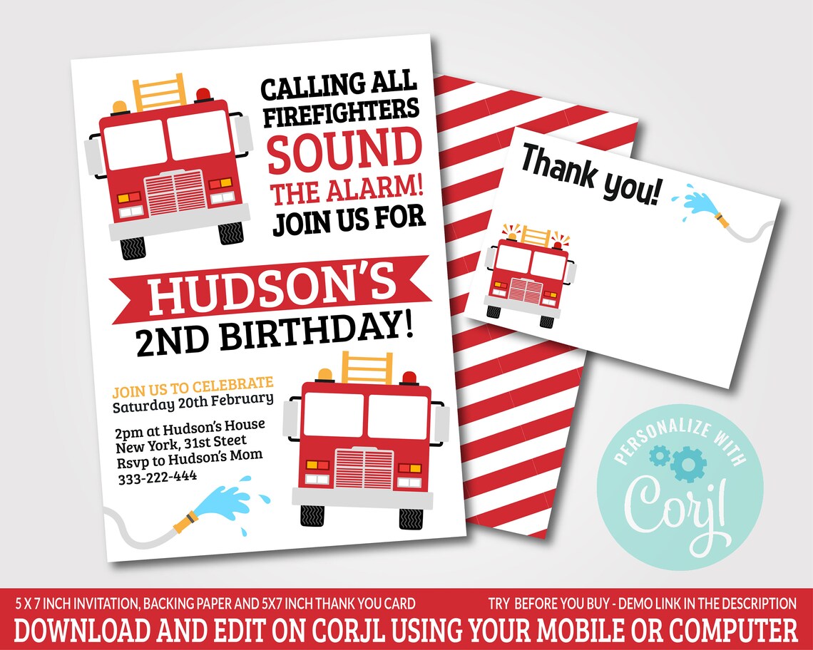 Fire Engine Birthday Party Invitation, Fire Party Invite, Fire Truck ...