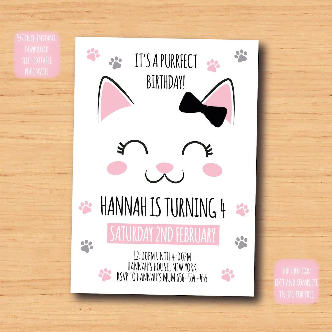 Cute Cat Birthday Party Invitation 5 X 7 Inch Personalized - Etsy