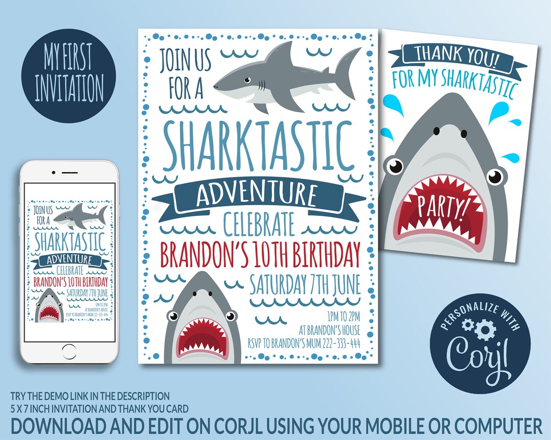 Shark Birthday Party Invitation, Shark Party, Shark Invite, Shark Thank ...
