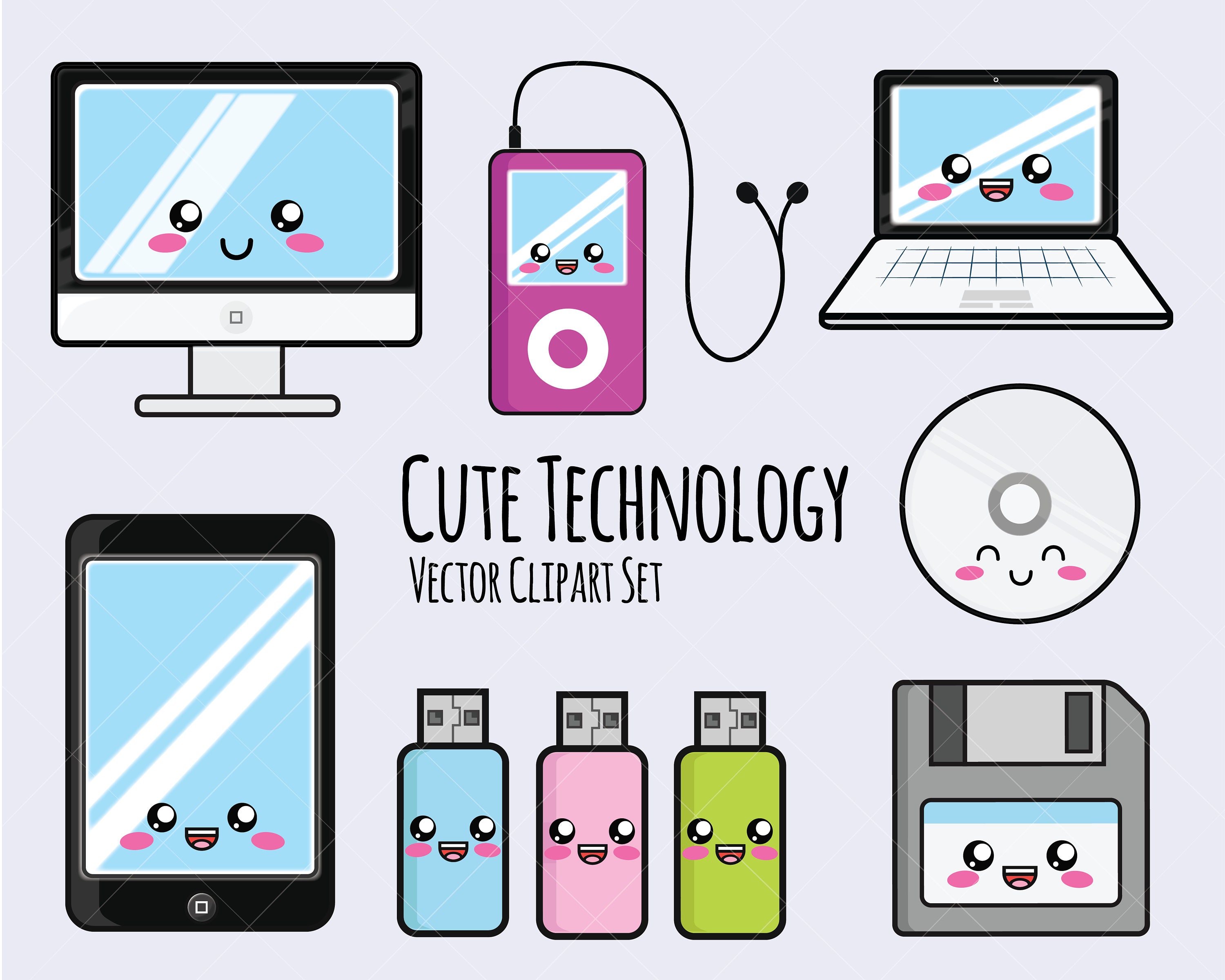 Kawaii Vector Clipart Kawaii Technology Clipart Computer - Etsy Hong Kong
