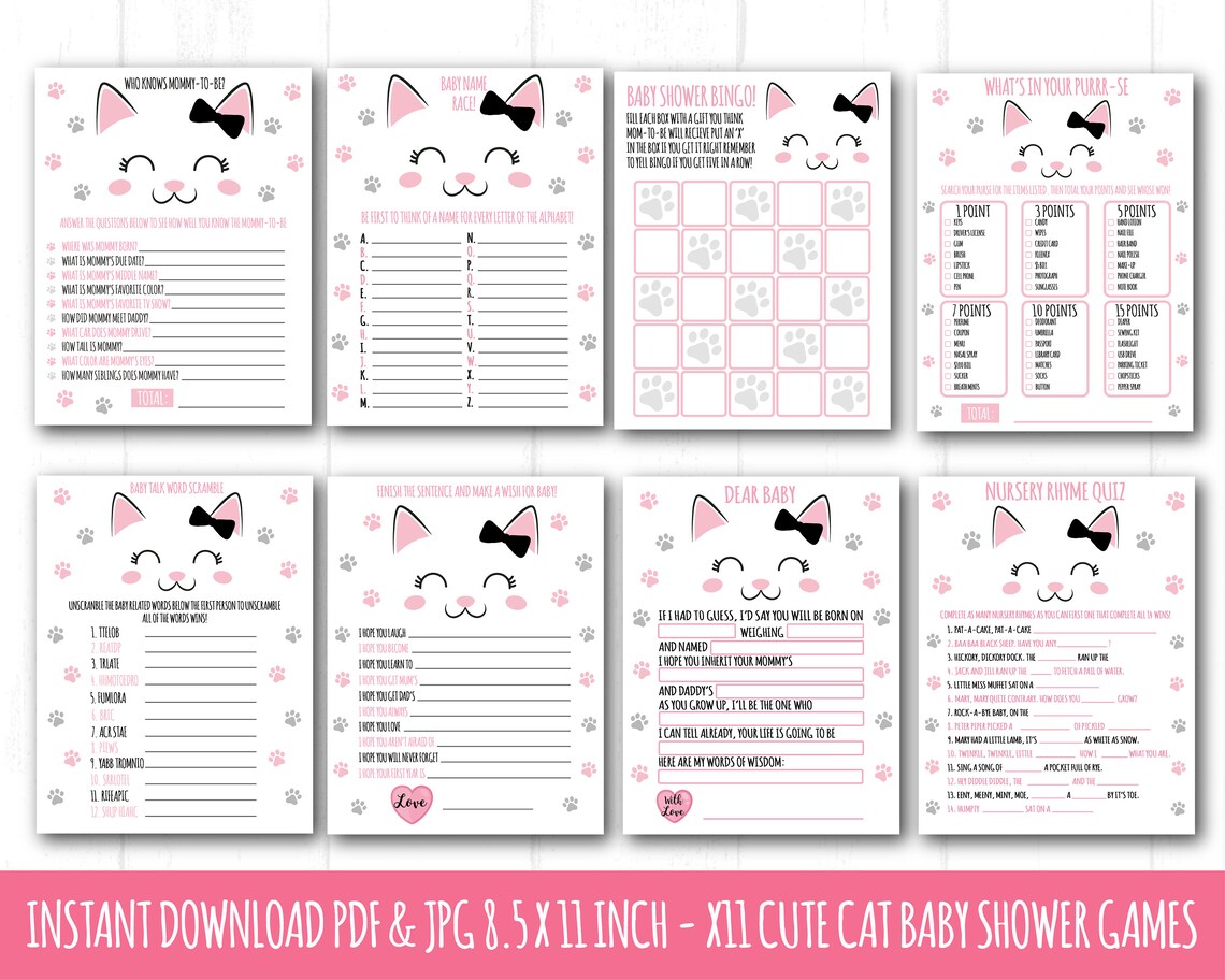 Cat Baby Shower Games, X 11 Jpg and Pdf - Cat Baby Shower Games, 8.5x11 ...