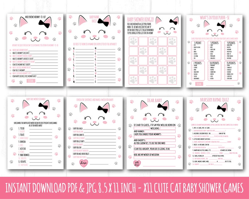 Cat Baby Shower Games, X 11 Jpg and Pdf - Cat Baby Shower Games, 8.5x11 ...