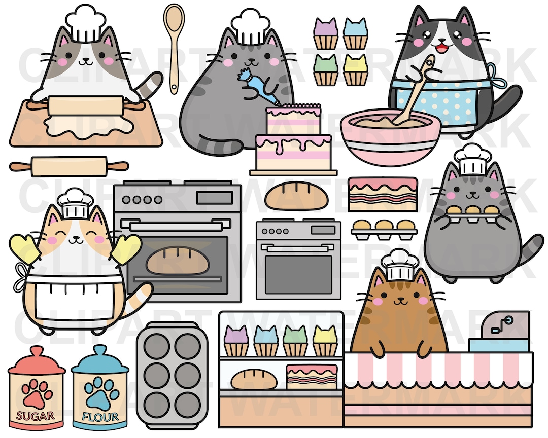 Vector Clipart Kawaii Cat, Cute Baking Cats, Baking Clipart, Cakes and ...