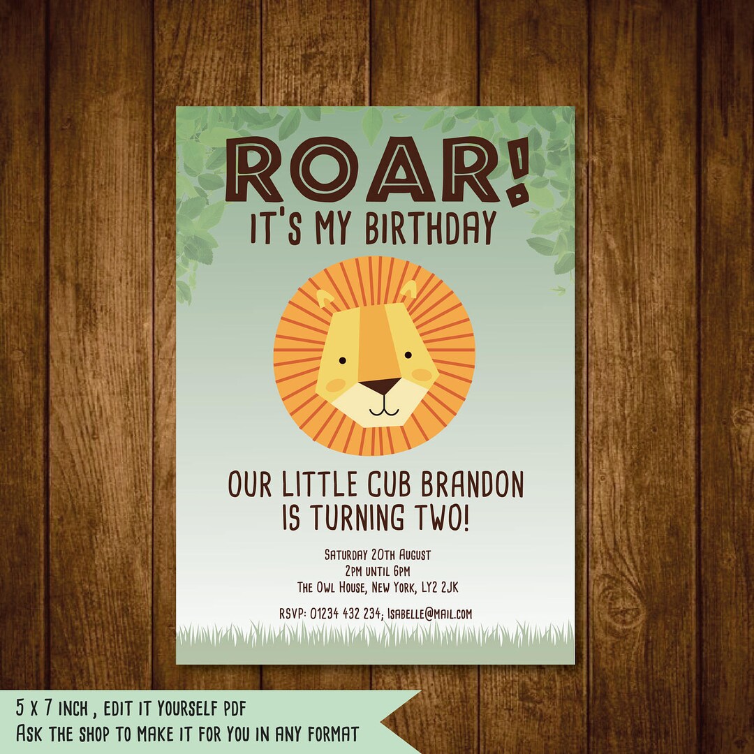 Personalised Lion Safari Animals Invite - SELF EDITABLE PDF -5 X 7 Inch ...