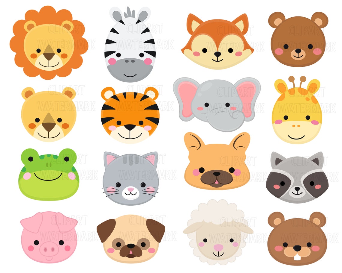 Animal Faces Clipart, Safari Animals, Cats, Dogs, Bears, Lamb, Pigs ...