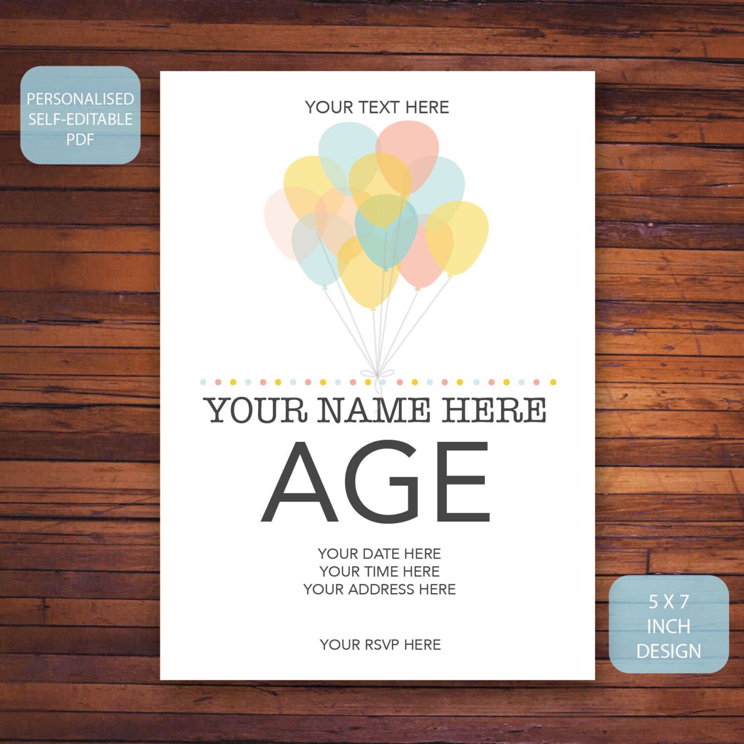 Party Balloons SELF EDITABLE PDF 5 X 7 Inch Customisable - Etsy