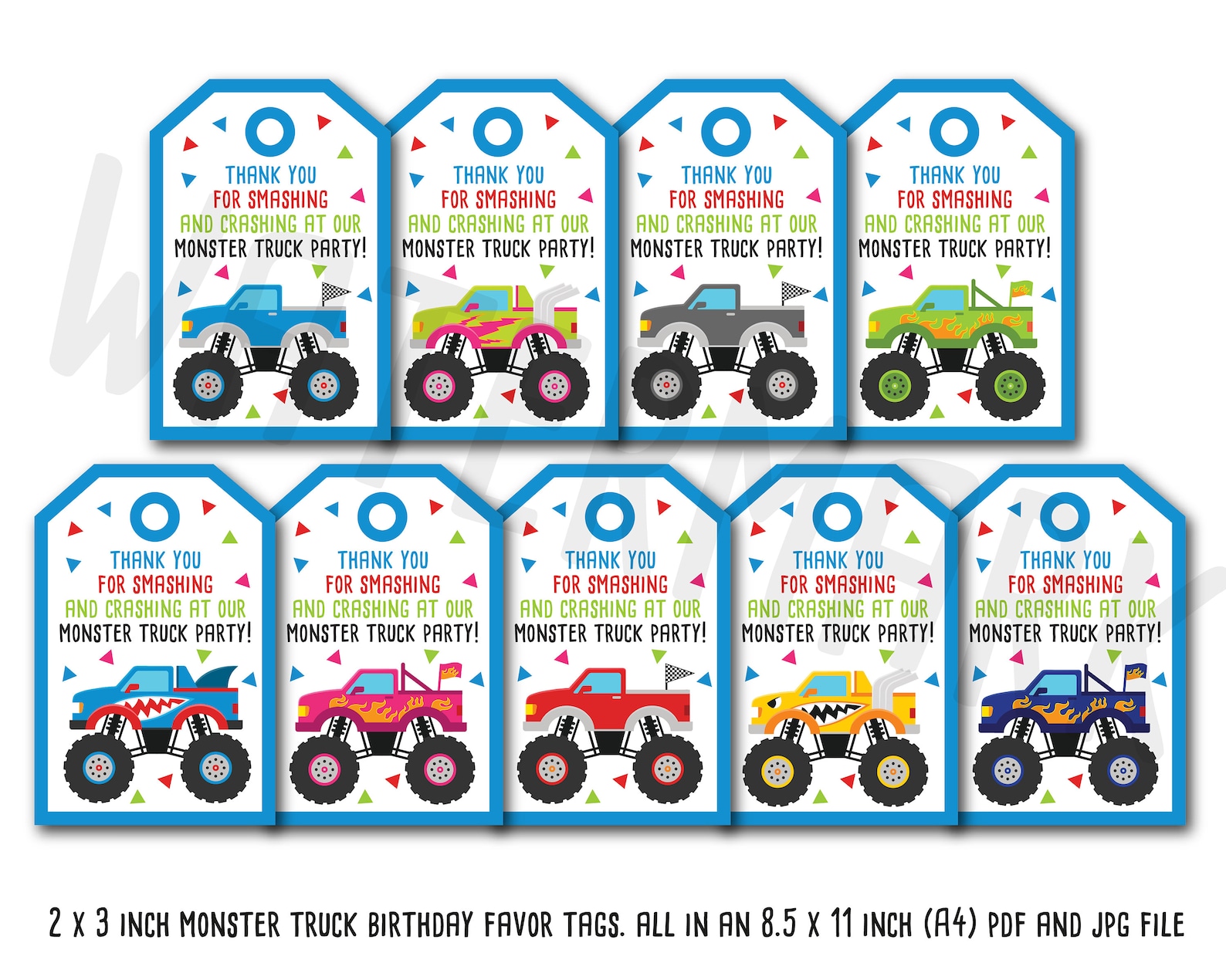 X9 Monster Truck Birthday Favor Tags 3 X 2 Inch Instant | Etsy