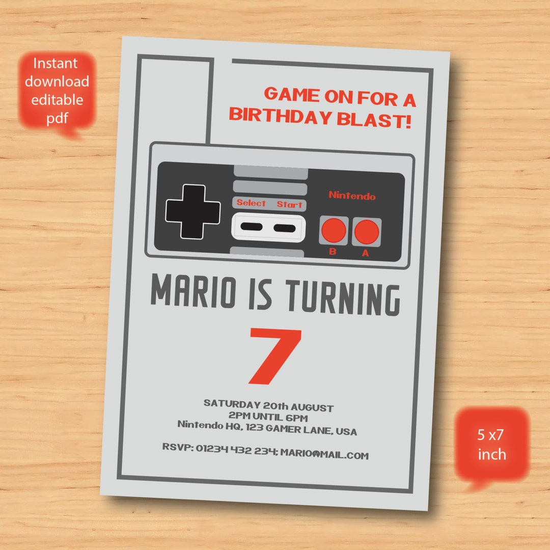 Nintendo Game Birthday Invitation Personalised - SELF EDITABLE PDF - 5 ...