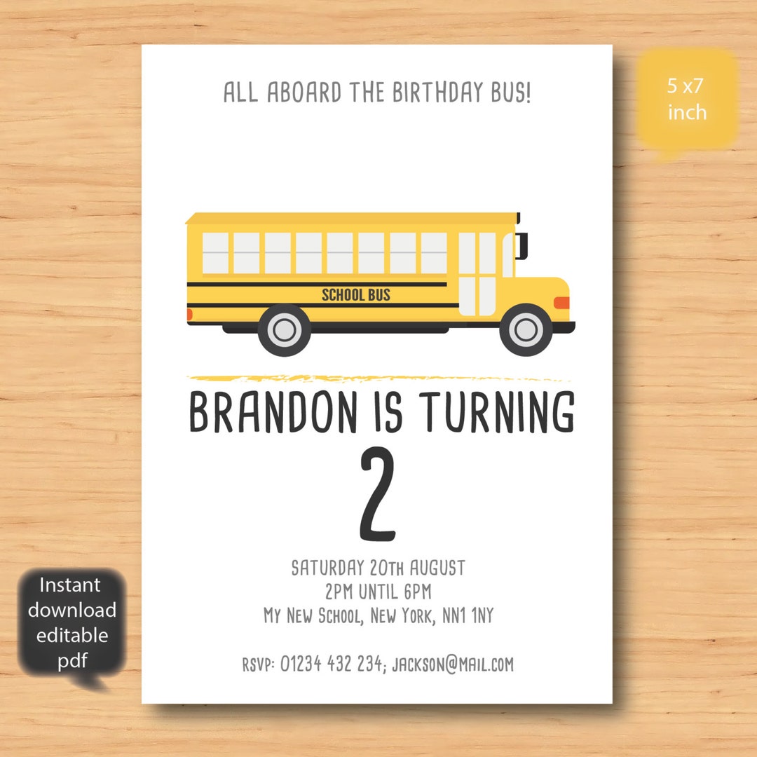 Personalised School Bus Invite - SELF EDITABLE PDF - 5 X 7 Inch ...