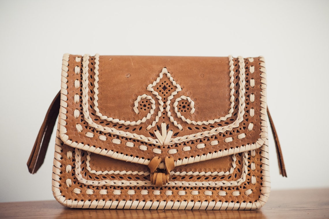 Tan Leather Shoulder Bag Crossbody Bag Ethnic Bag | Etsy